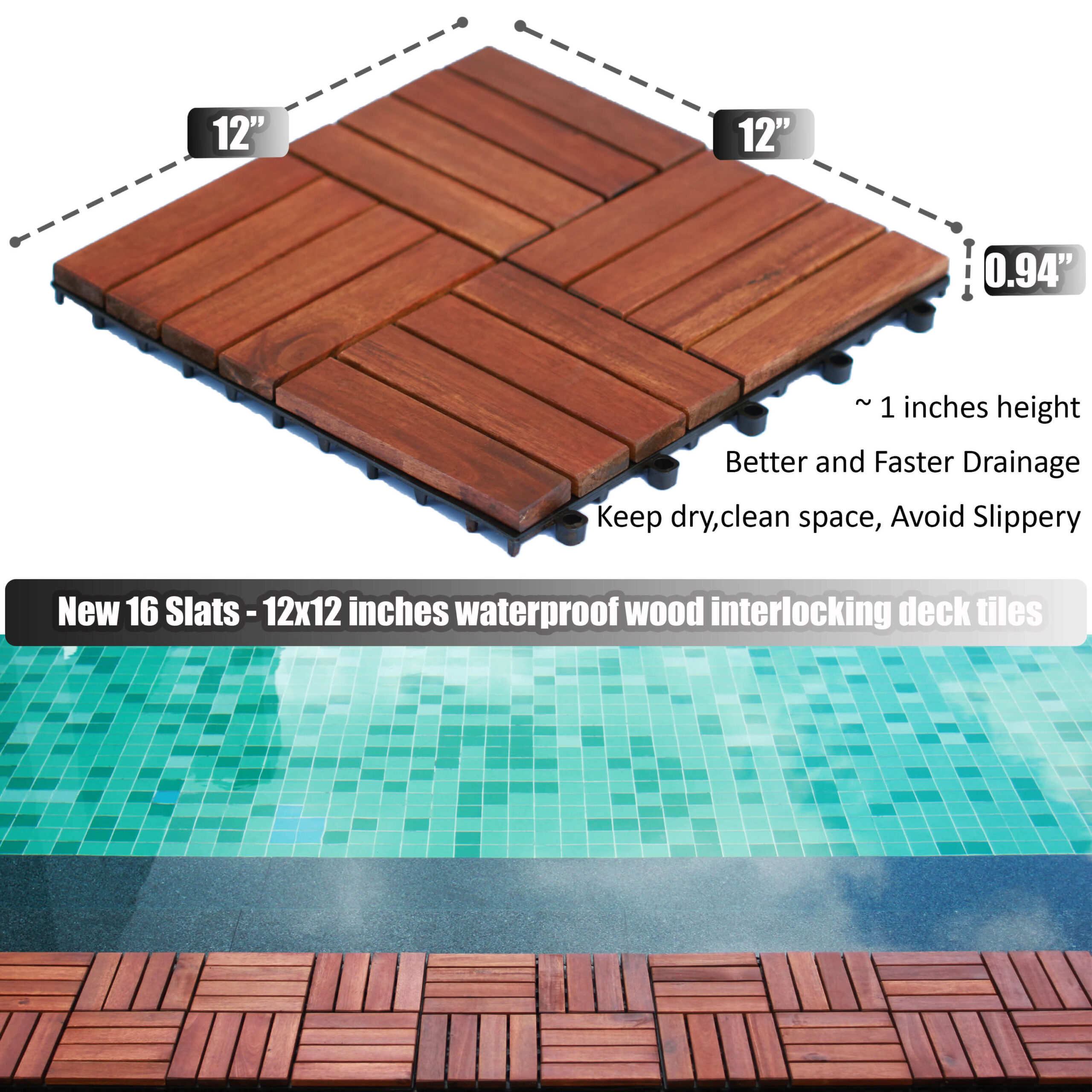TIMBERHOLM – Interlocking Acacia Wood Deck Tiles,Box of 10 12 in x 12 ...